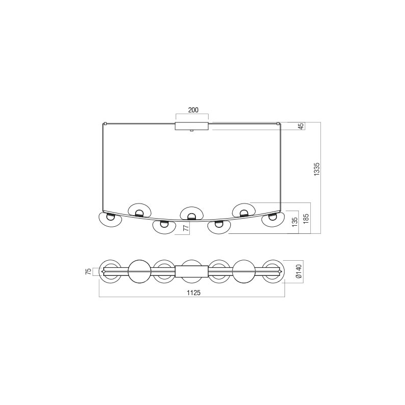 Sinclair L 112.5 cm Redo Group pendant lamp in metal and glass diffuser